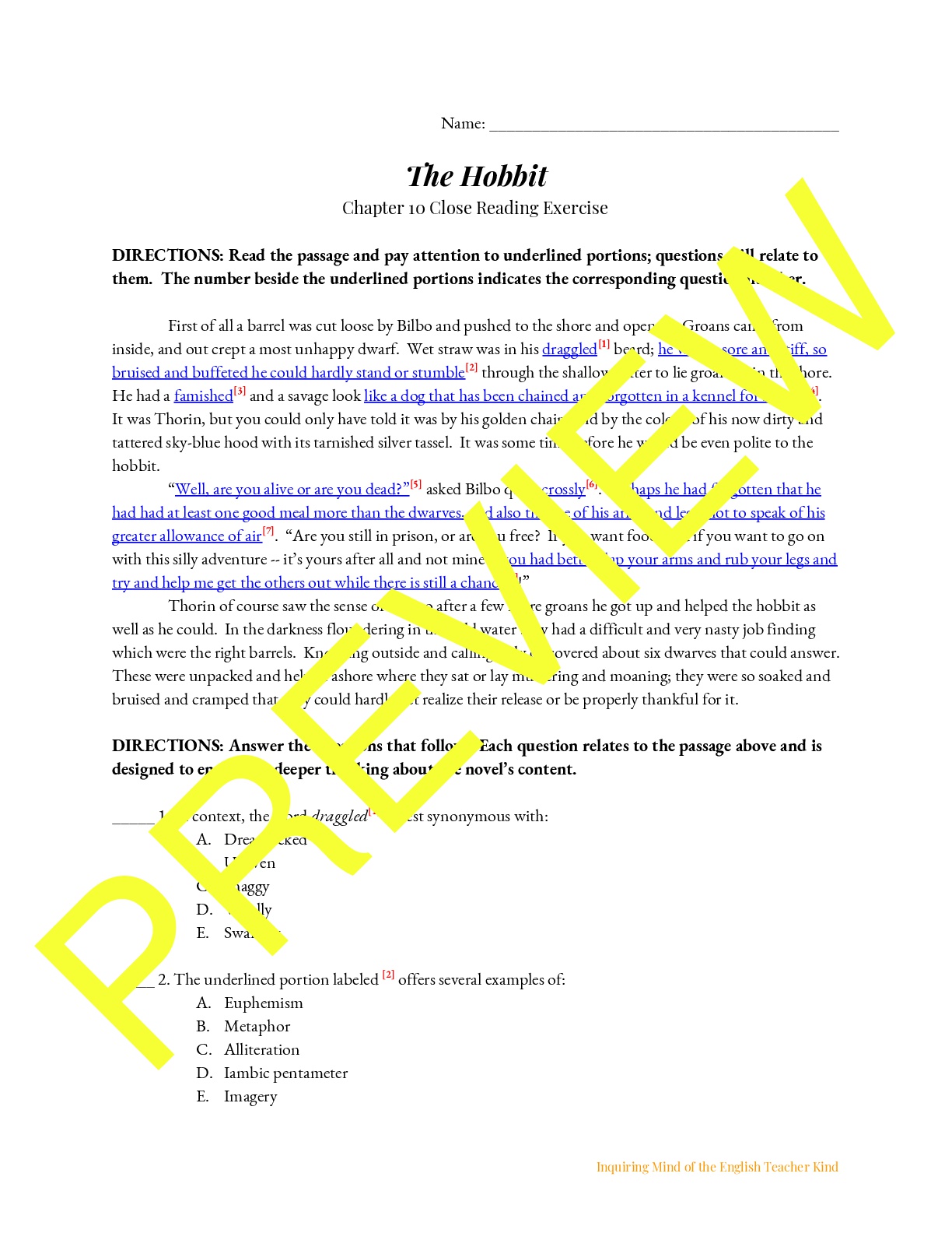 The Hobbit Close Reading Worksheet - Chapter 10 | Teaching Resources