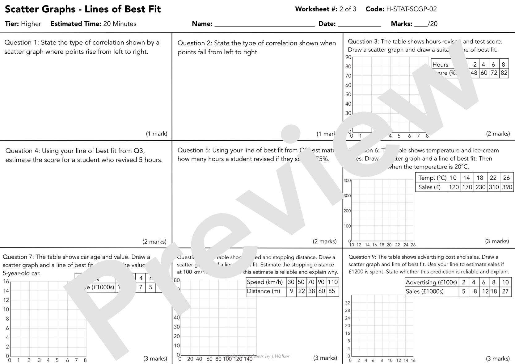 GCSE Maths Worksheet: Scatter Graphs - Lines of Best Fit - Higher Tier ...