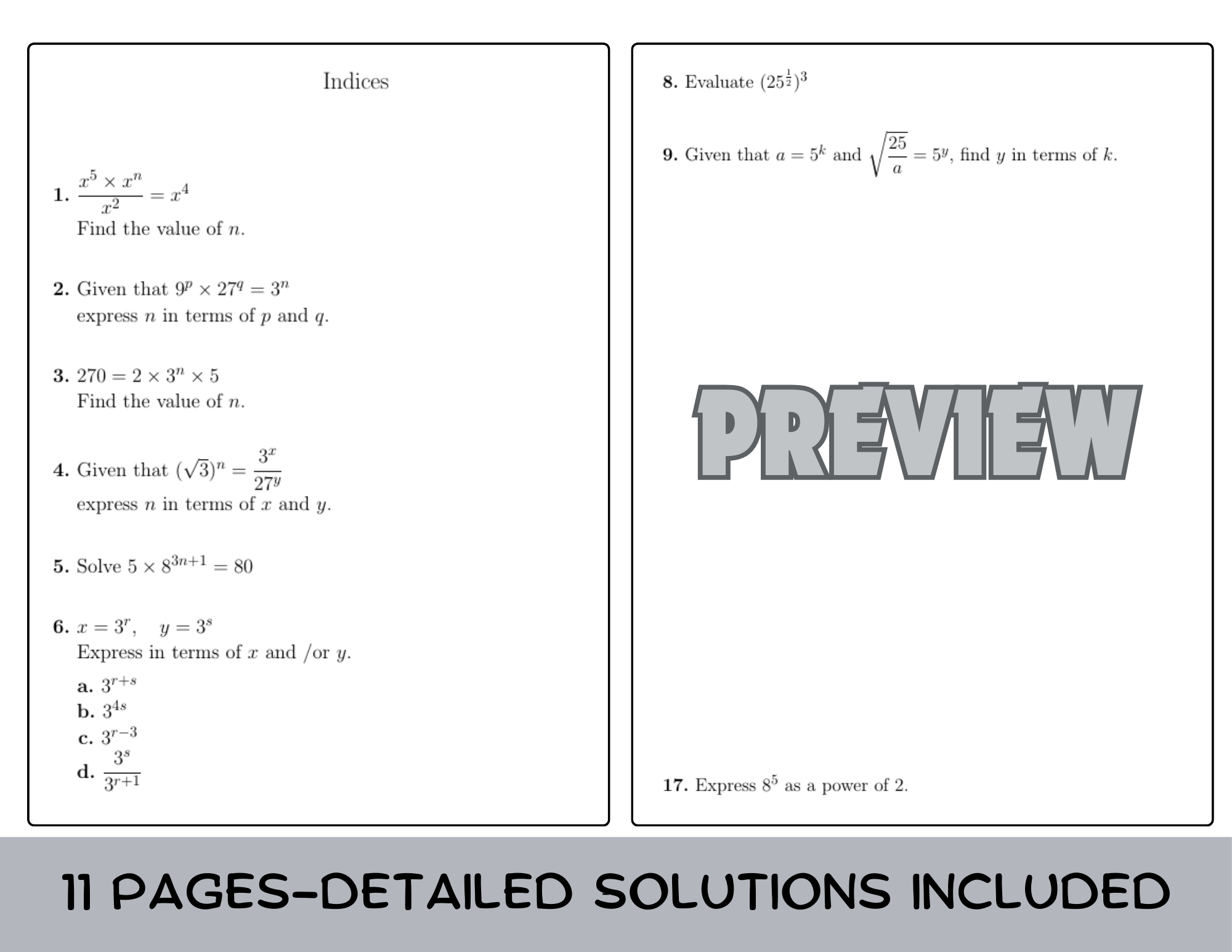 Indices (worksheets with detailed solutions) | Teaching Resources