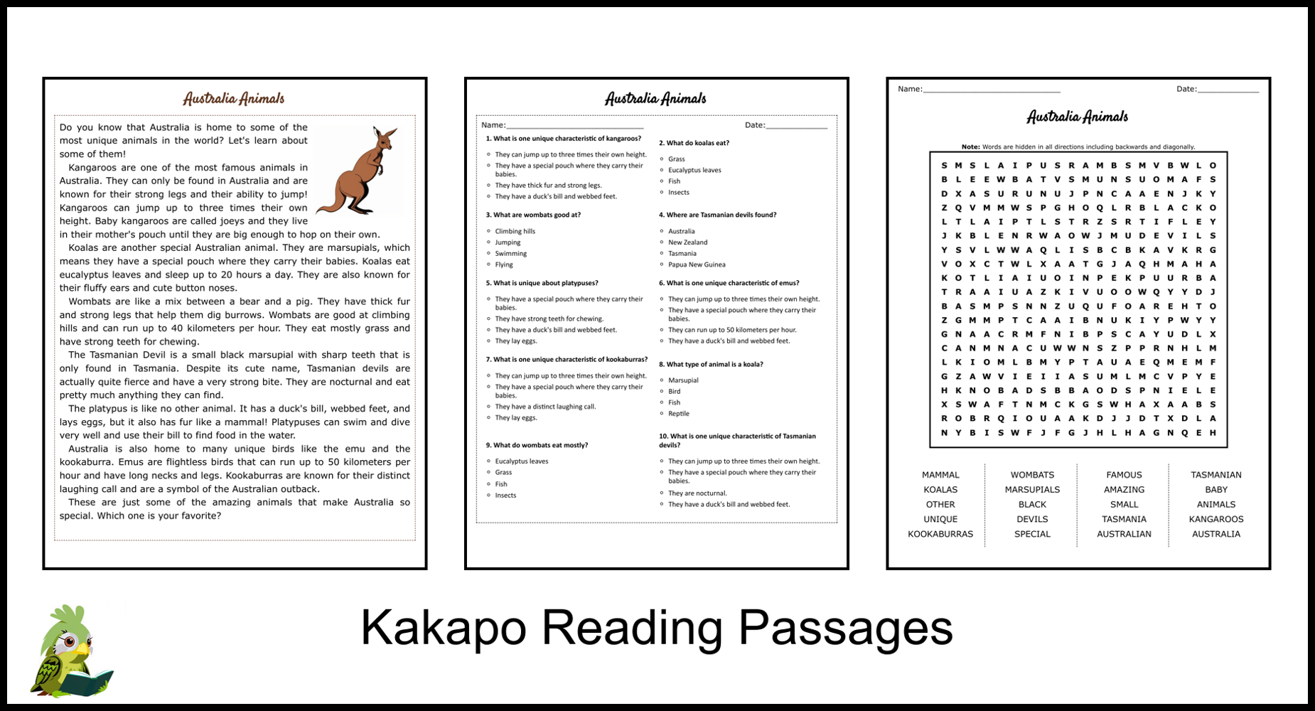 Australia Animals Reading Comprehension and Word Search | Teaching ...