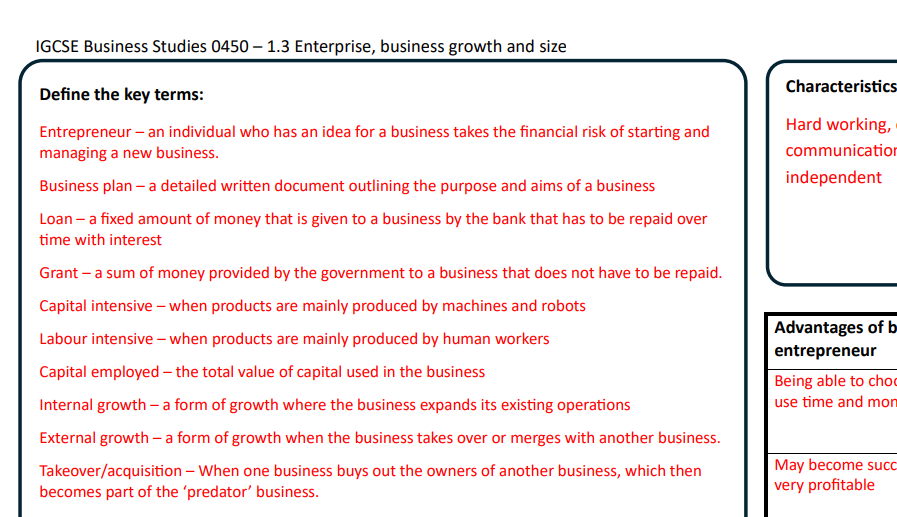 IGCSE CIE Business Studies 0450 Section 1.3 Knowledge Organiser ...