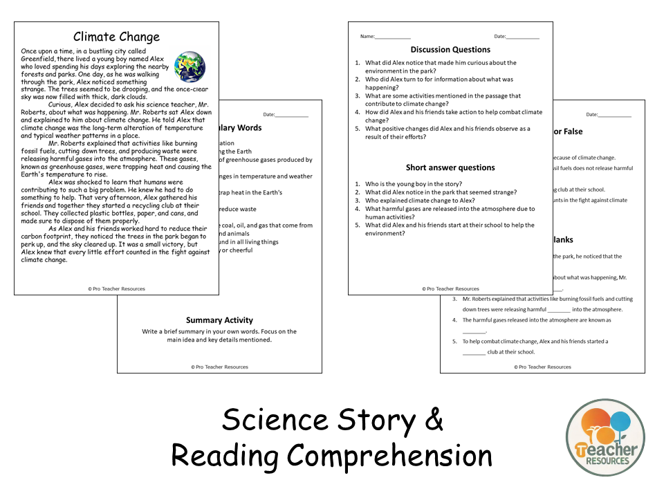 Climate Change Reading Science Story Comprehension Questions Worksheet ...