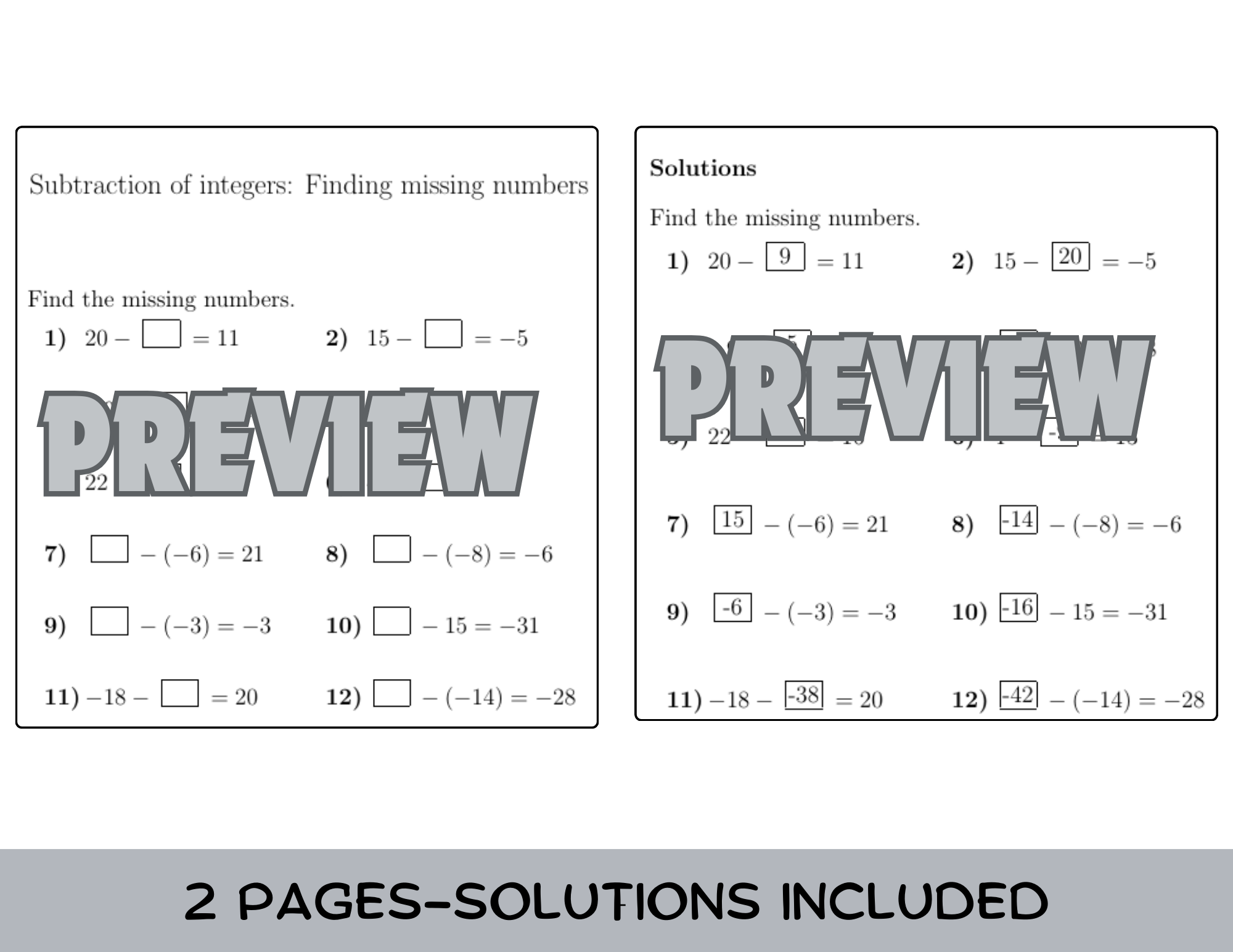 Subtraction of integers: Finding missing numbers worksheet no 3 (with ...
