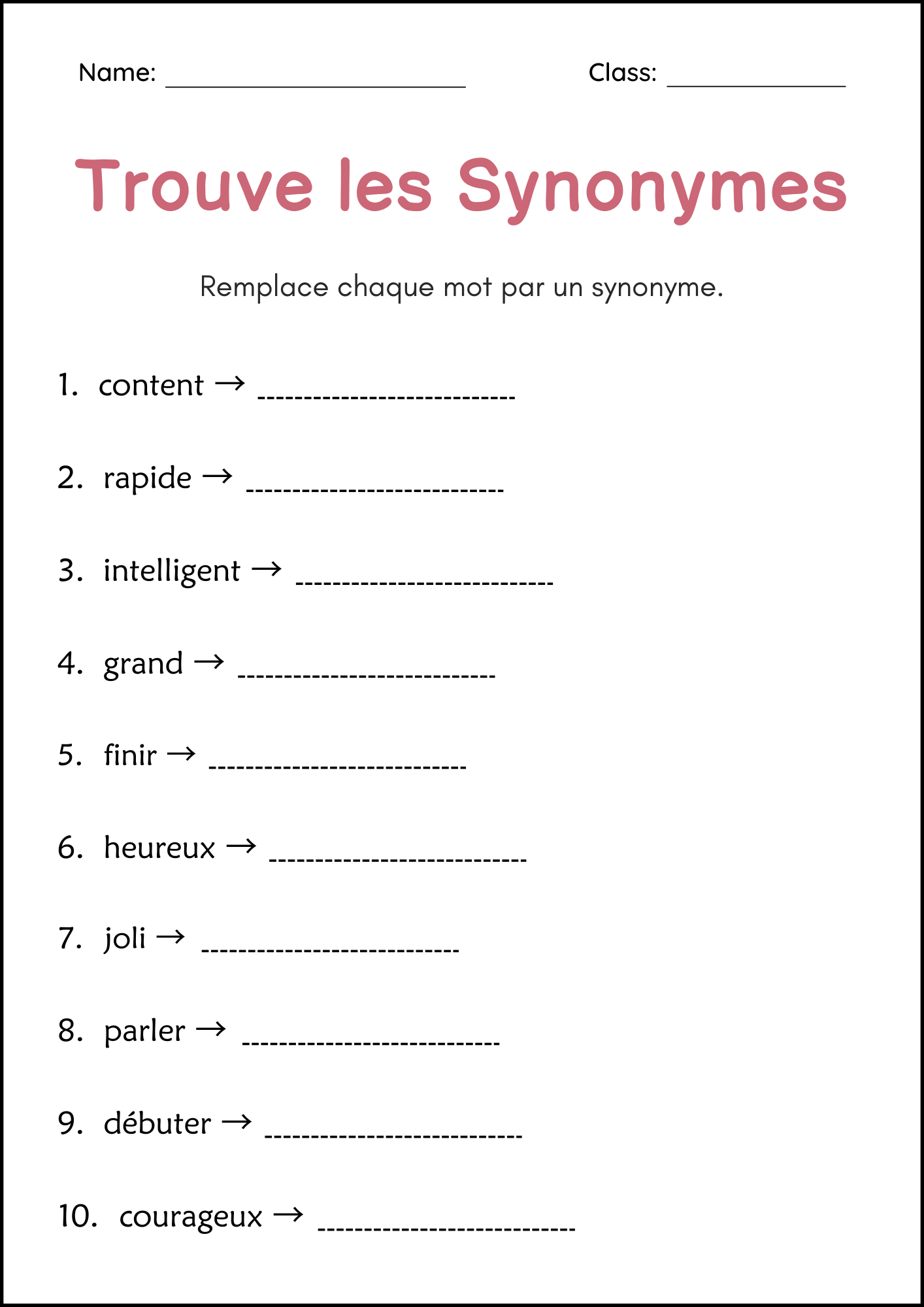 Synonymes et Antonymes - Synonyms and Antonyms Grammar Worksheets in ...