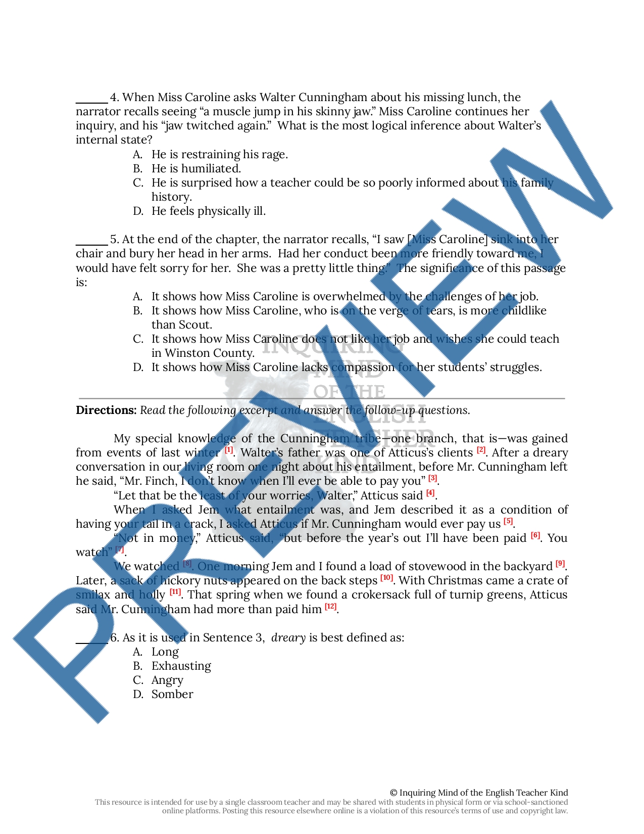 To Kill a Mockingbird Chapter 2 Close Reading Worksheet | Teaching ...