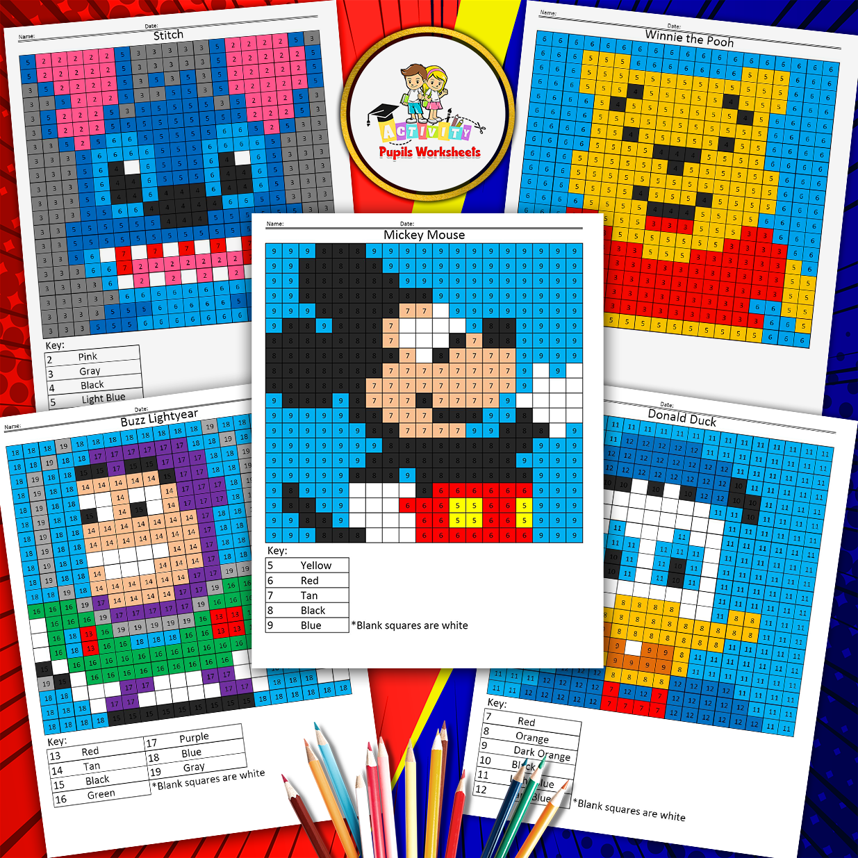 Disney Characters Mystery Color by Number - Kindergarten Pixel Art ...