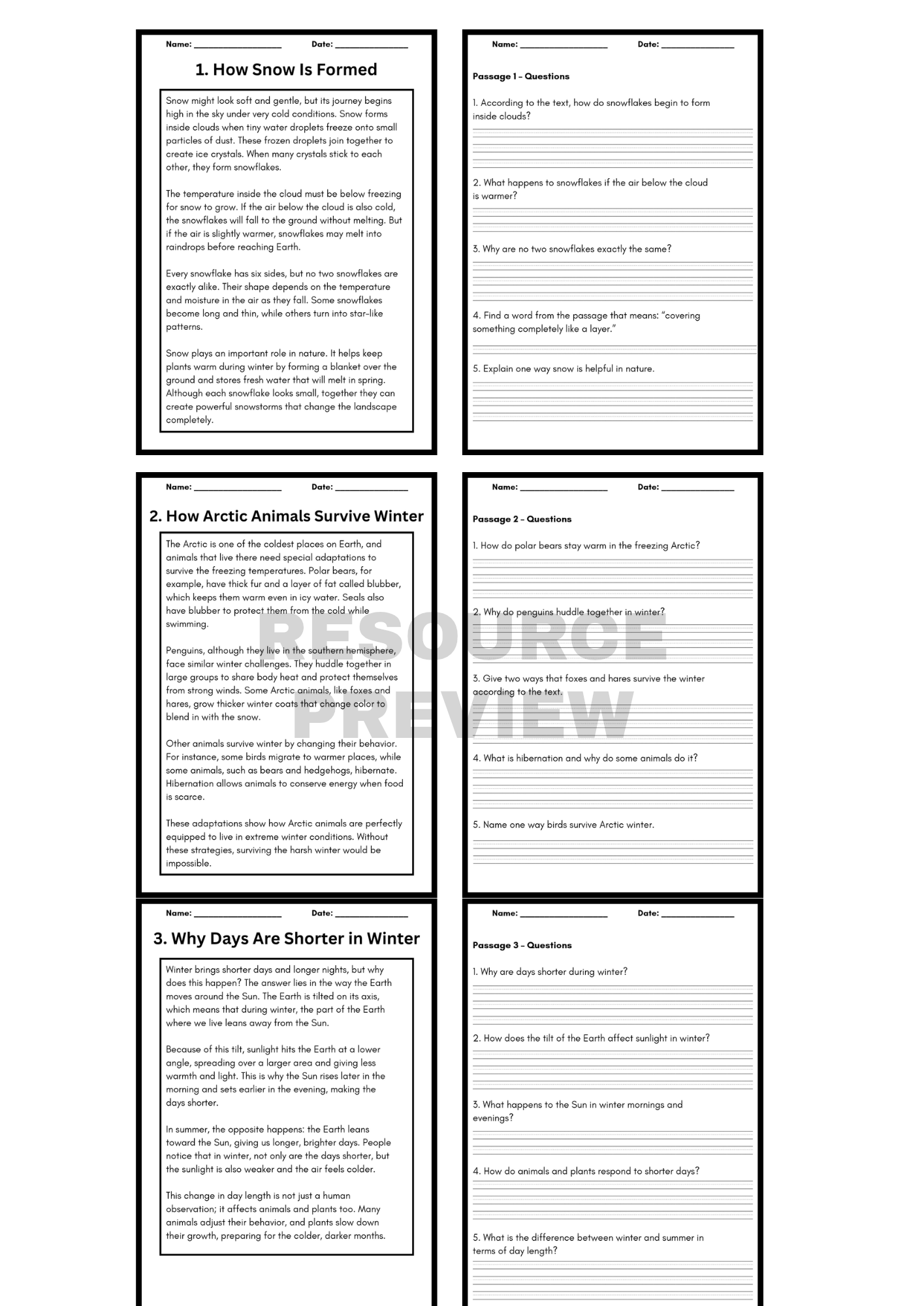 KS2 Winter Reading Comprehension Worksheets | 10 Passages + Questions ...
