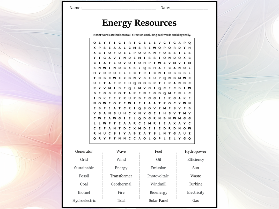 Energy Resources Word Search Puzzle Worksheet Activity | Teaching Resources