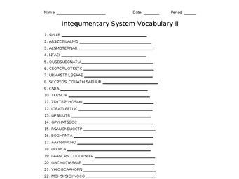 Integumentary System Vocabulary II Word Scramble for Medical ...