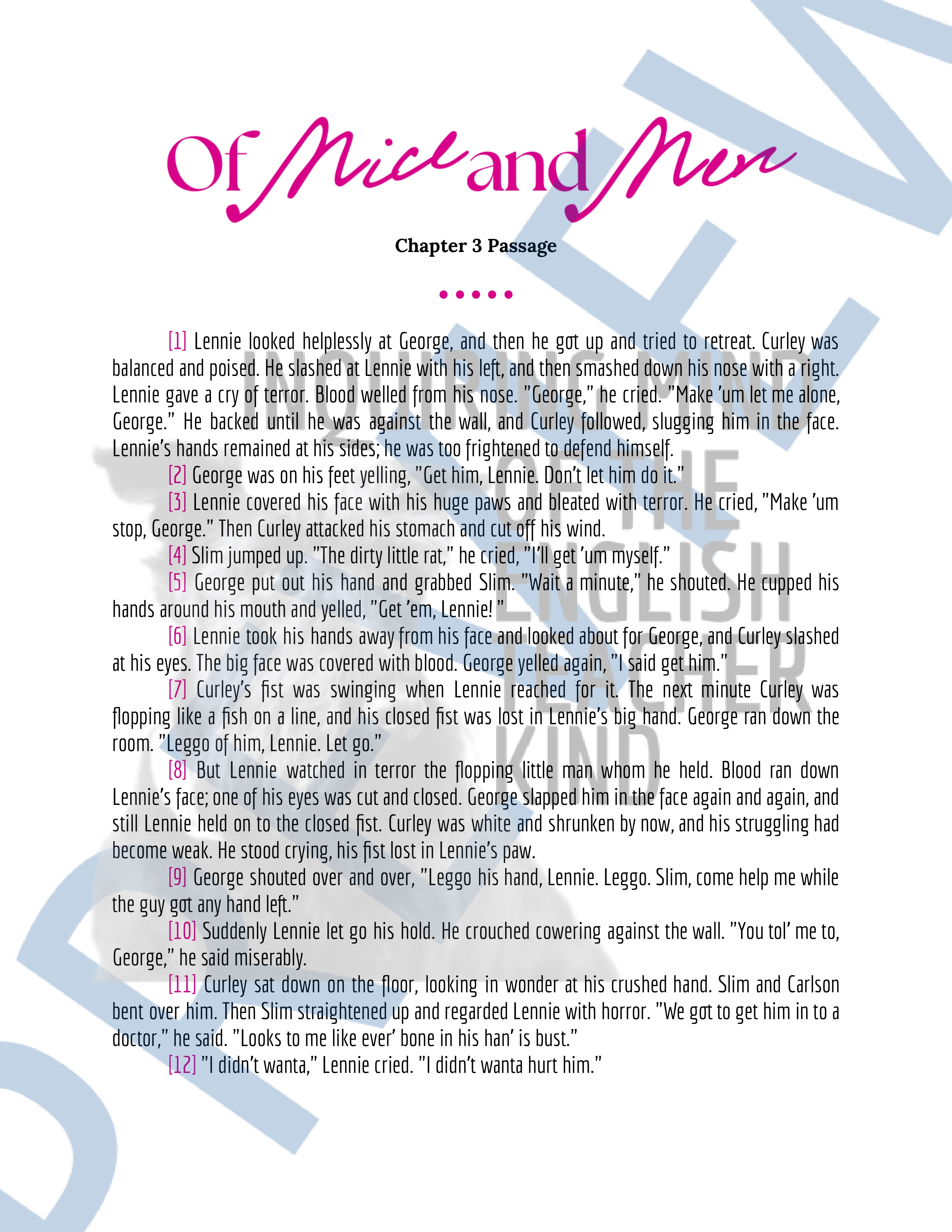 Of Mice and Men Chapter 3 Novel Analysis Worksheet | Close Reading ...