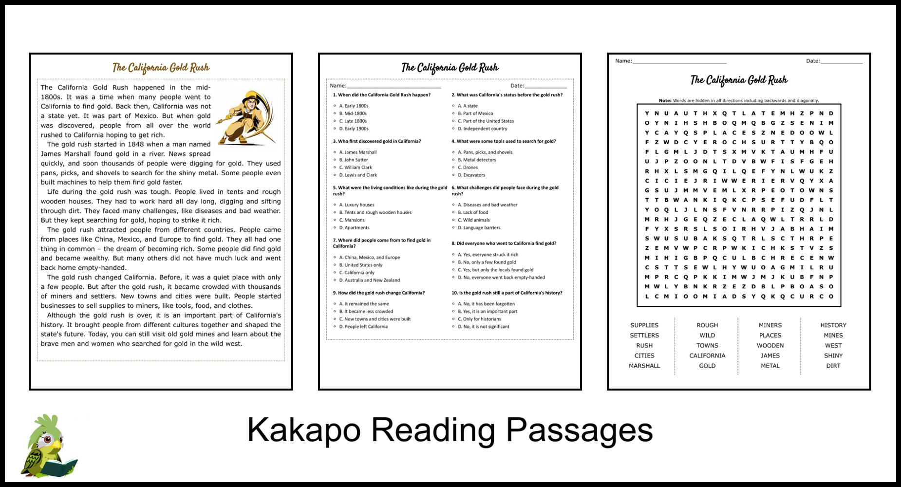The California Gold Rush Reading Comprehension and Word Search ...