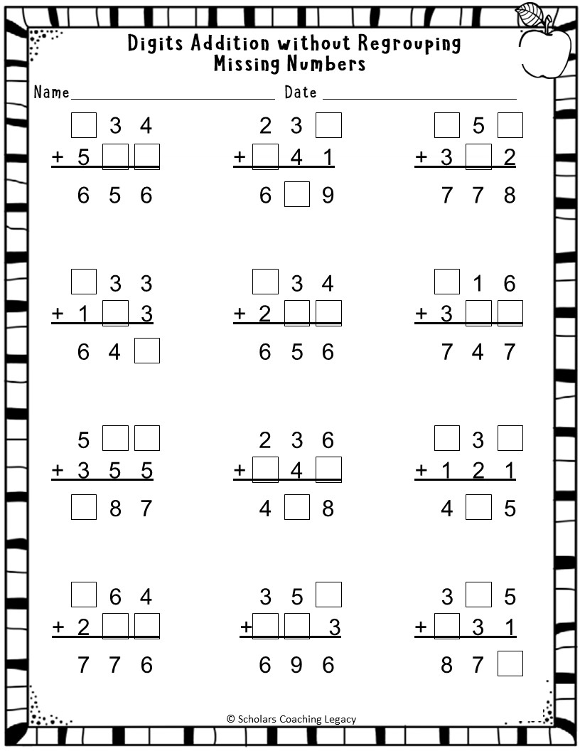 3-Digit Addition without Regrouping Missing Numbers Worksheets ...