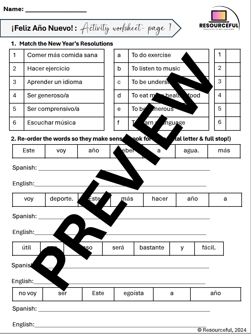 Spanish New Years Resolutions Activity Worksheets (x3!): Feliz Año ...