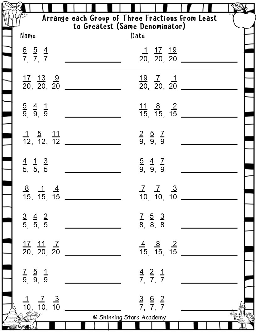Ordering Fractions (Least to Greatest) with Same Denominators ...