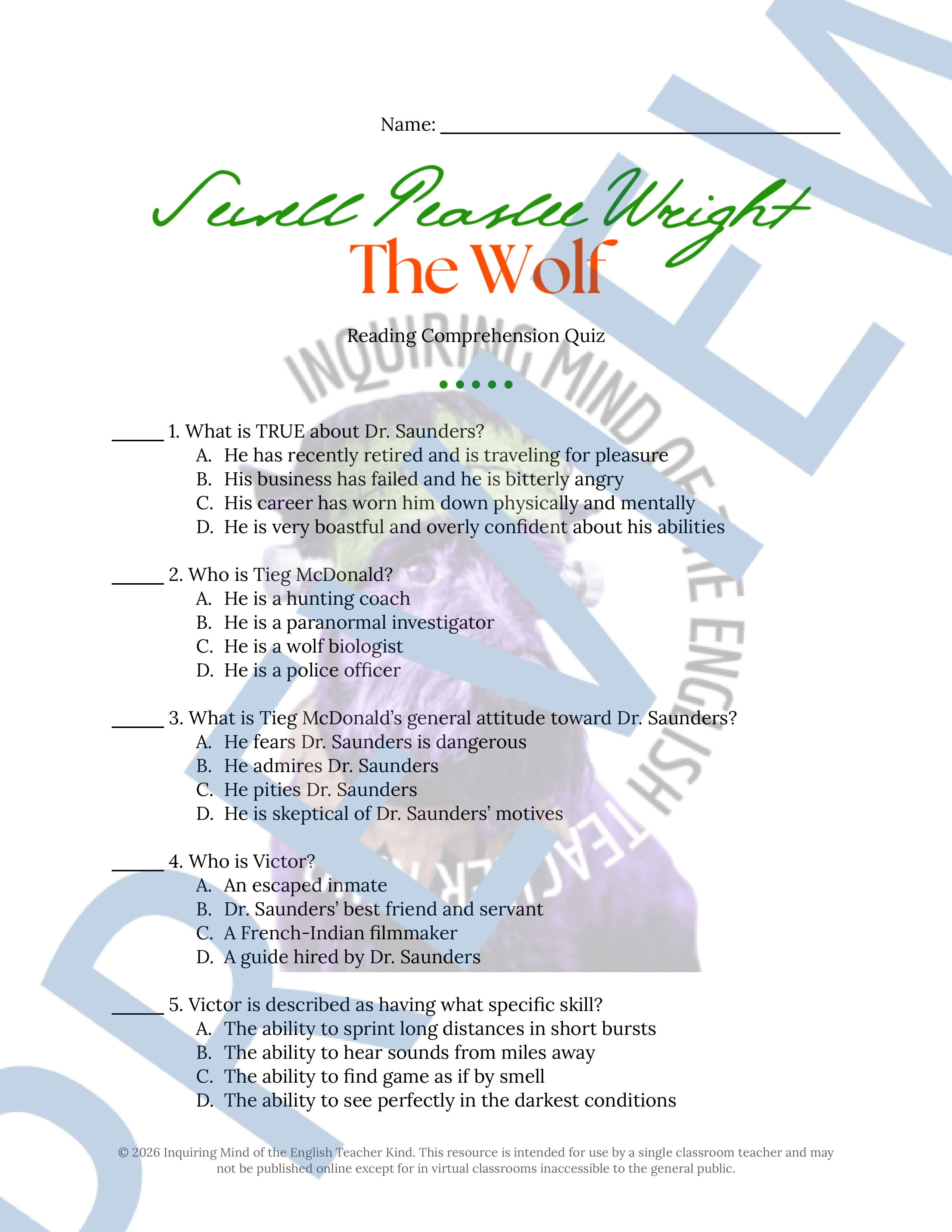 "The Wolf" by Sewell Peaslee Wright Quiz and Answer Key | Weird Horror ...