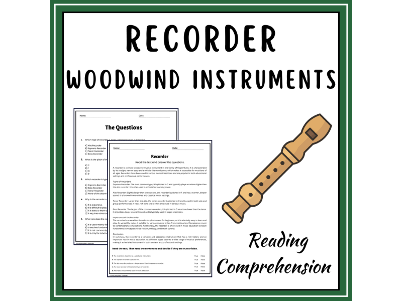 Recorder Music Reading Comprehension Passages & Questions Worksheets ...