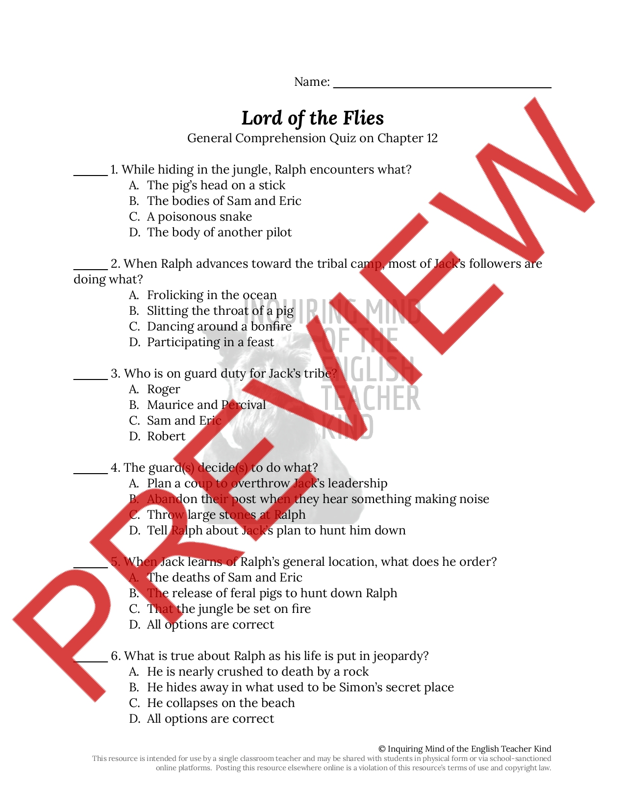 Lord of the Flies Chapter 12 Quiz and Answer Key | Teaching Resources