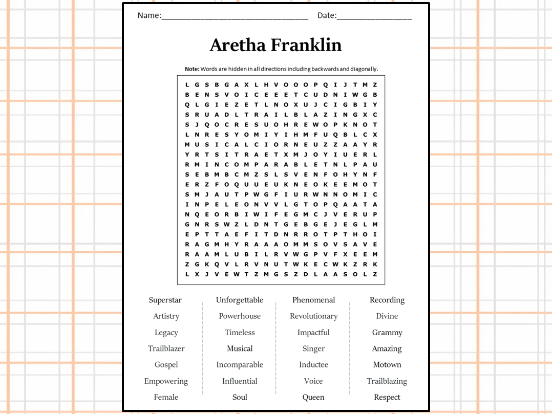 Aretha Franklin Word Search Puzzle Worksheet Activity | Teaching Resources