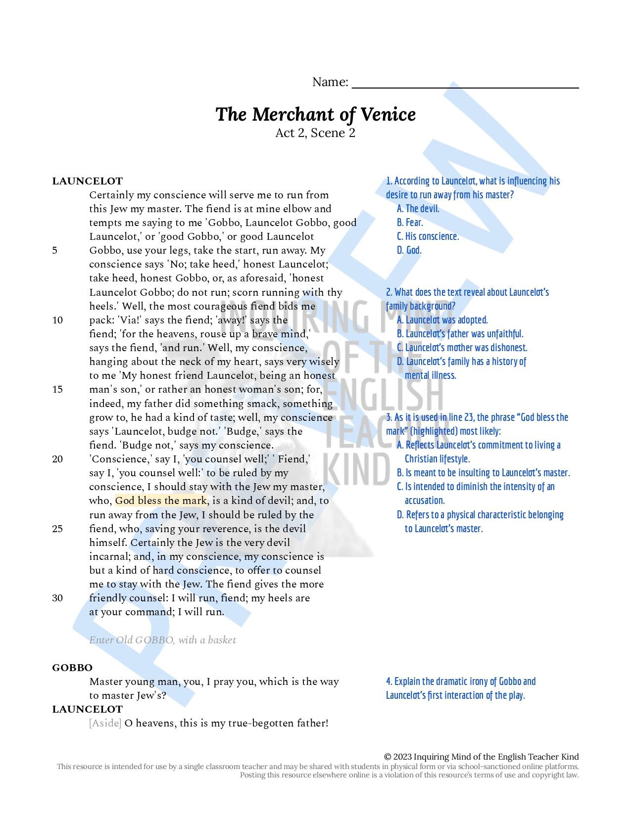 The Merchant of Venice Act 2 Scene 2 Close Reading Analysis Activity | Teaching Resources