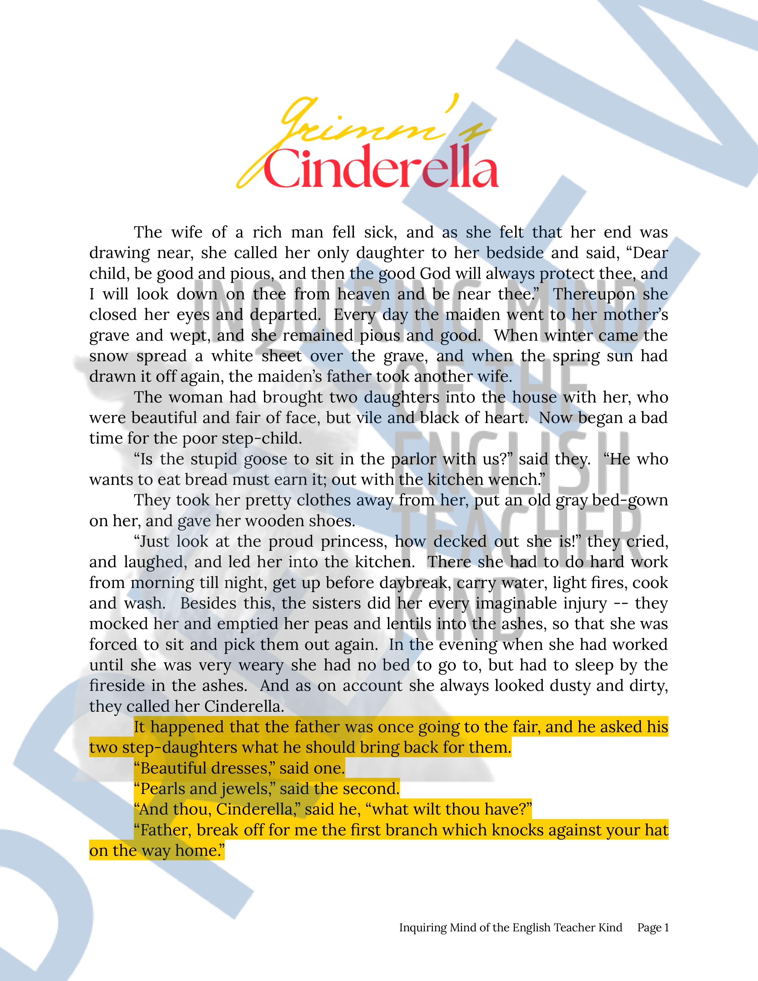 "Cinderella" Literary Craft Analysis Worksheet (Grimm's Fairy Tale ...