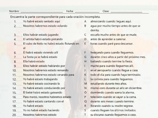 Future Perfect Continuous Tense Sentence Match Spanish Worksheet ...