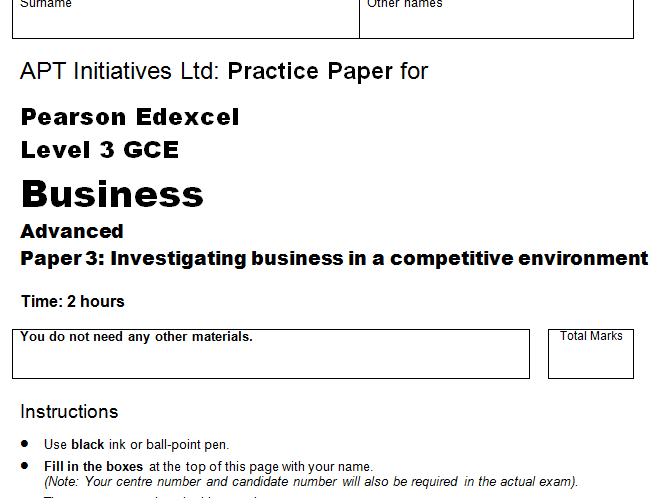 Practice (Mock) Exam Paper for Edexcel A Level Business June 2018 Paper ...