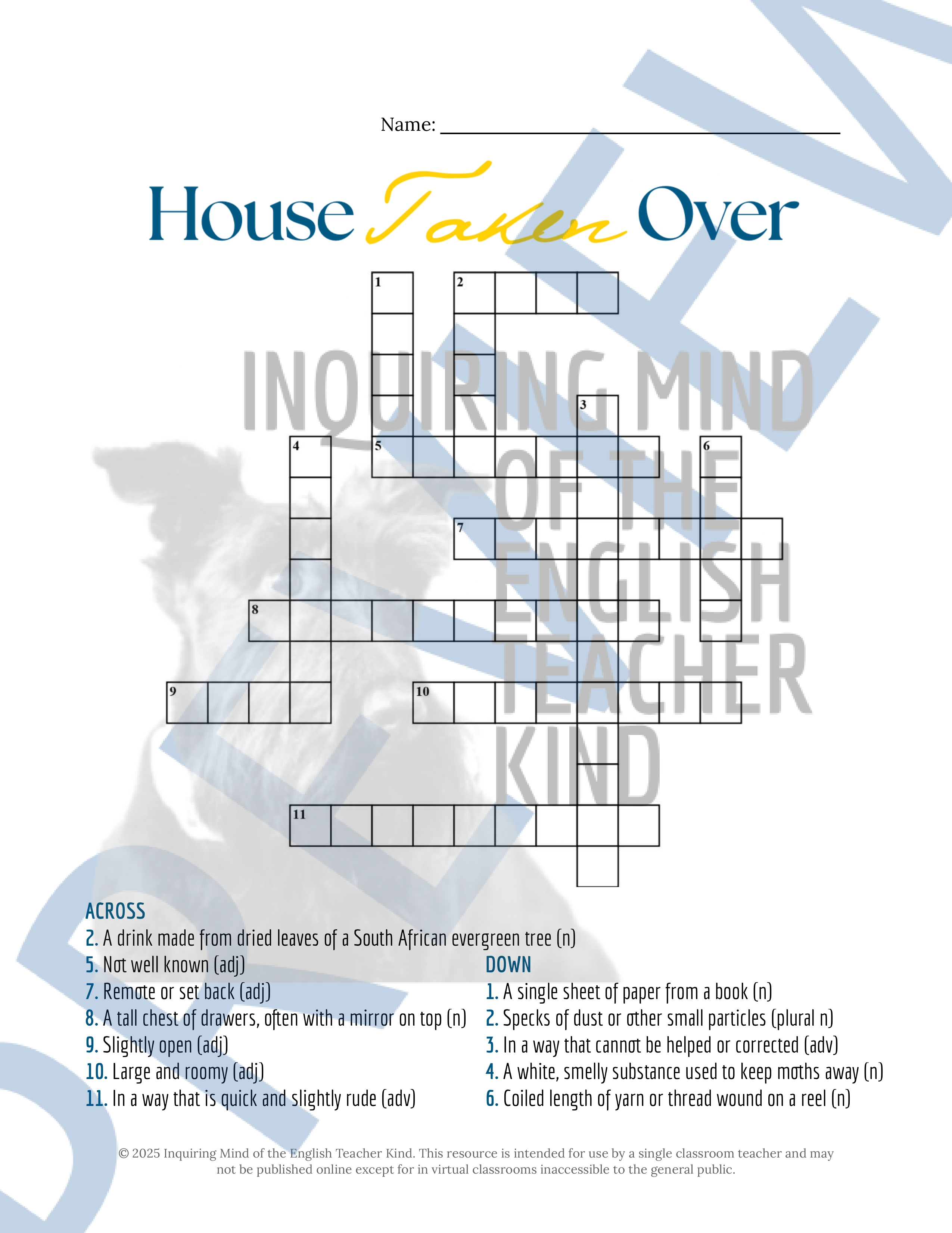 "House Taken Over" by Julio Cortázar Vocabulary Activities | Crossword ...