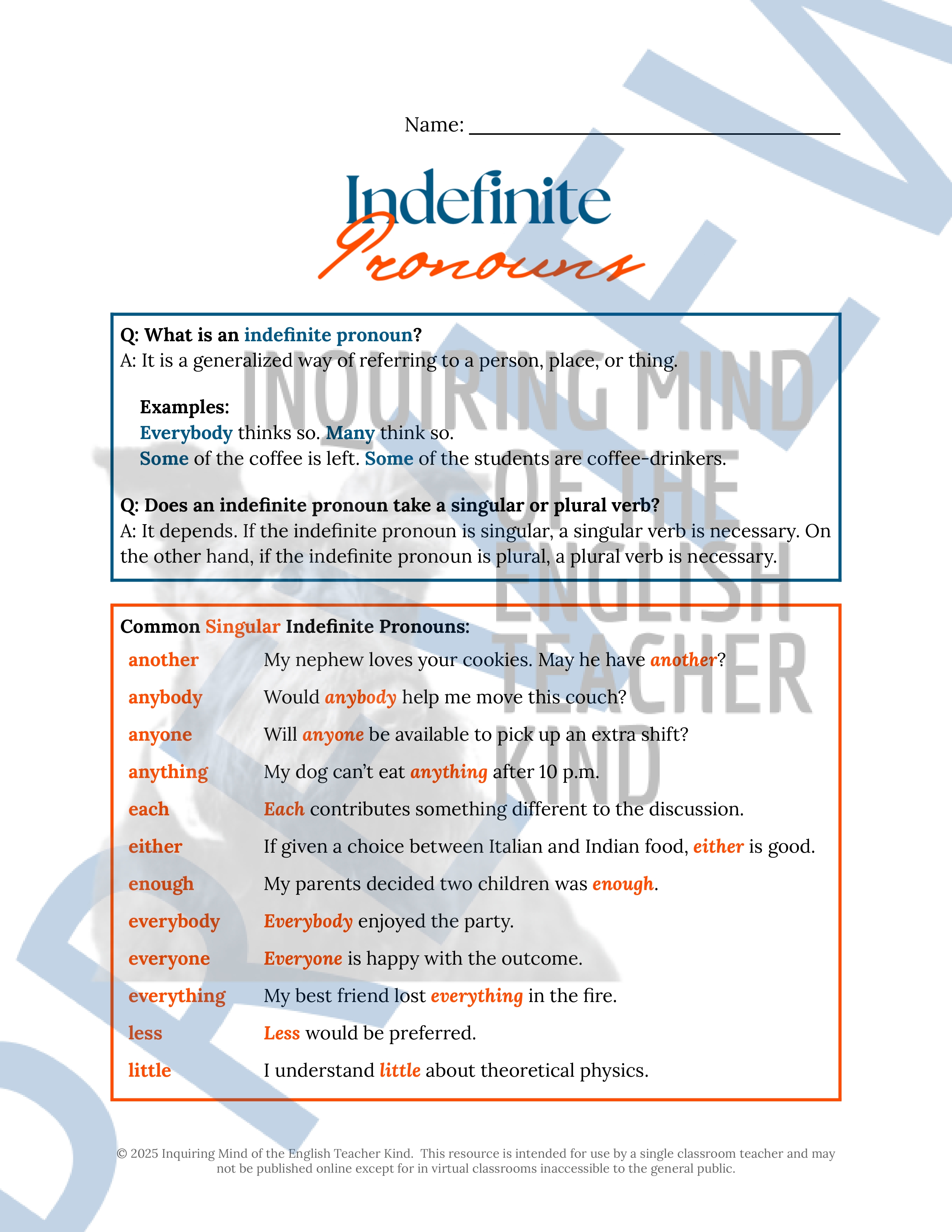 Grammar Review Practice Worksheet on Singular and Plural Indefinite ...