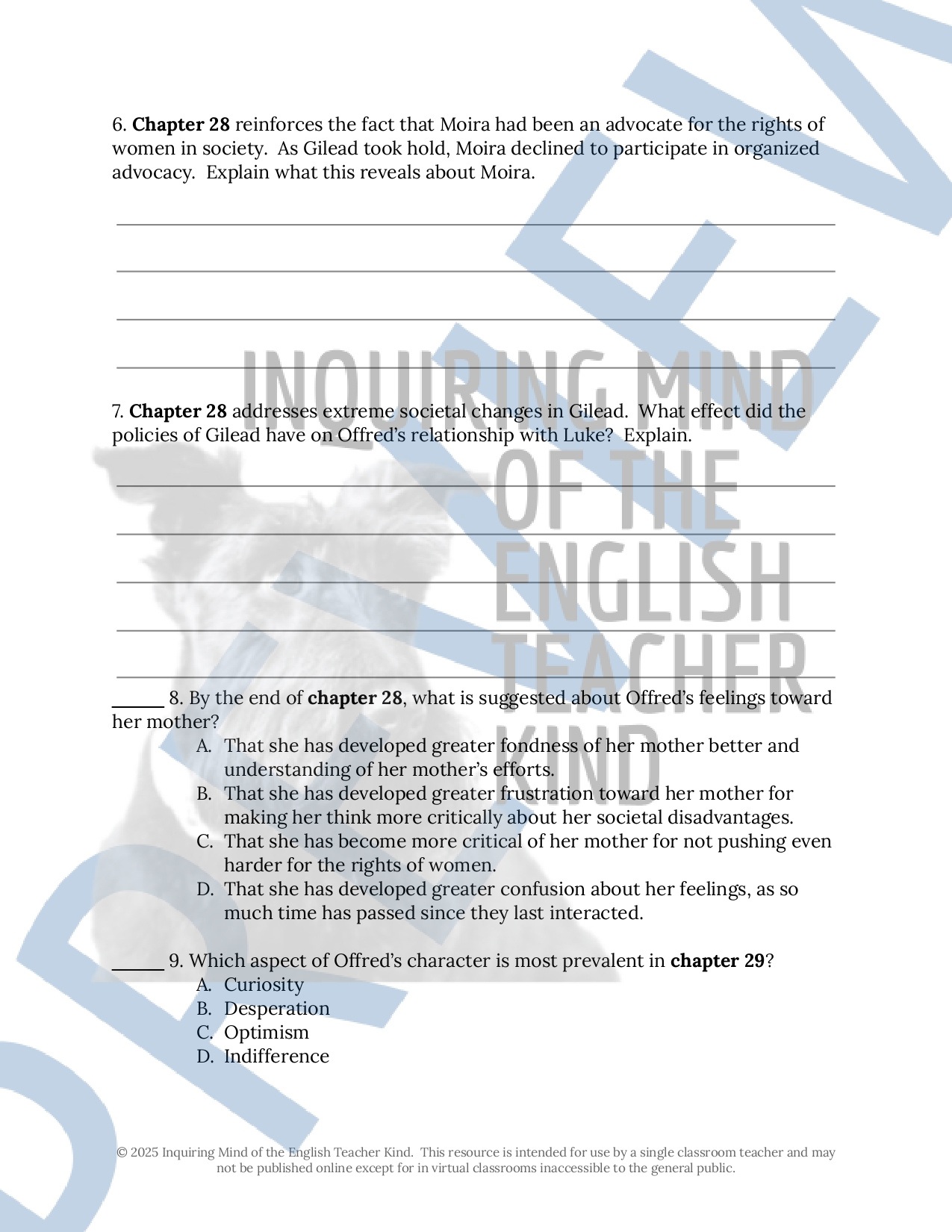 The Handmaid's Tale Chapters 28-30 Close Reading Worksheet | Teaching ...