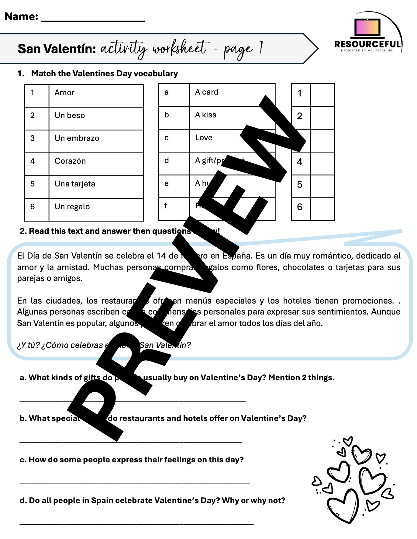 Spanish Valentines Day / Dia de San Valentin Easy KS3 Activity ...
