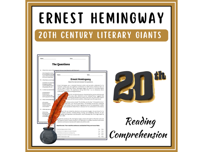 Ernest Hemingway Reading Comprehension Passages & Questions Worksheets ...
