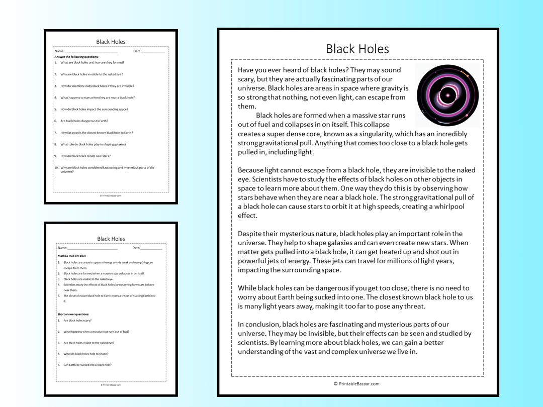 Black Holes Reading Comprehension Passage Printable Worksheet ...