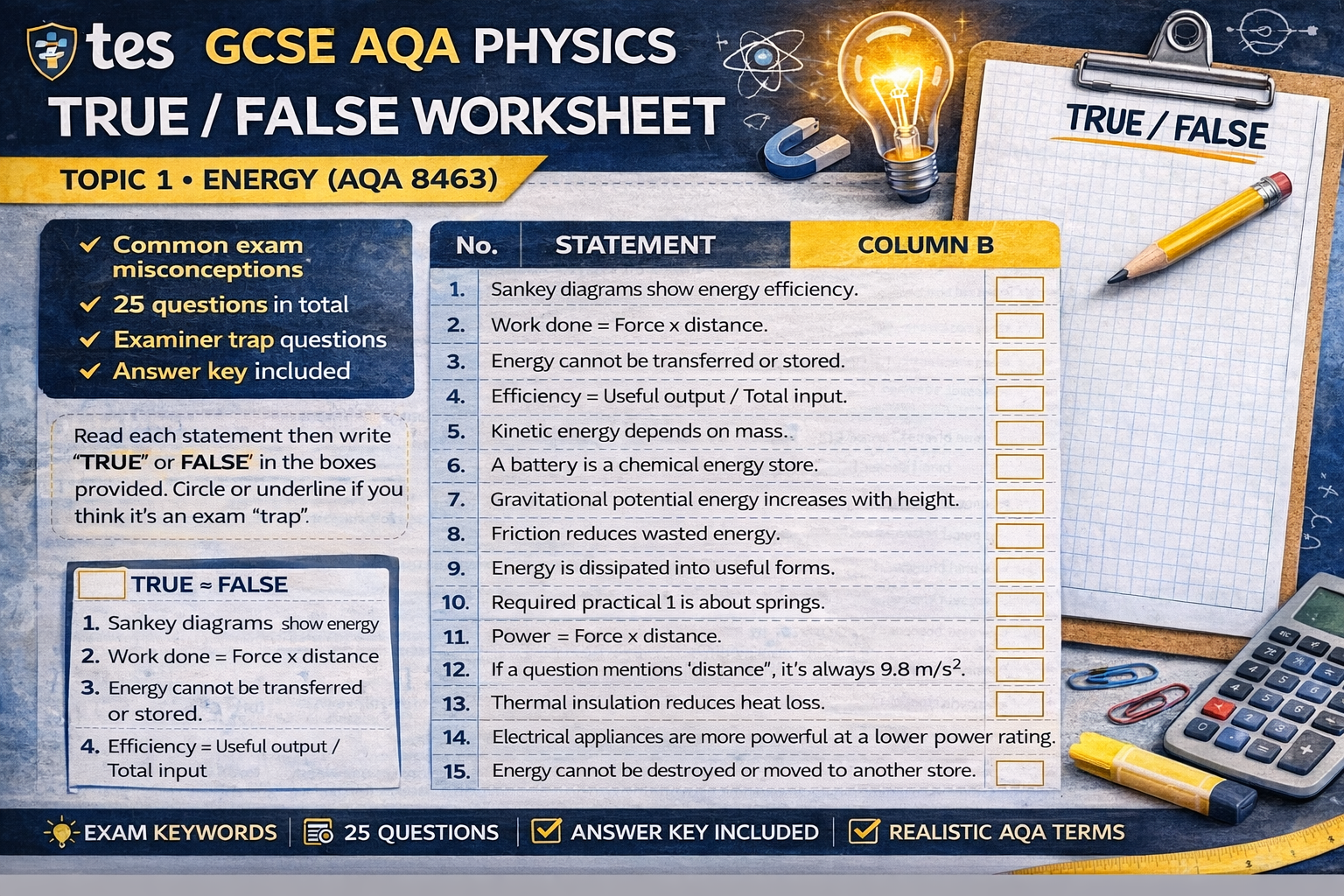 GCSE AQA Physics Energy Topic Pack – Revision, Worksheets, 1–6 Mark ...