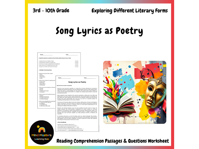 Song Lyrics as Poetry Reading Comprehension Passages & Questions ...