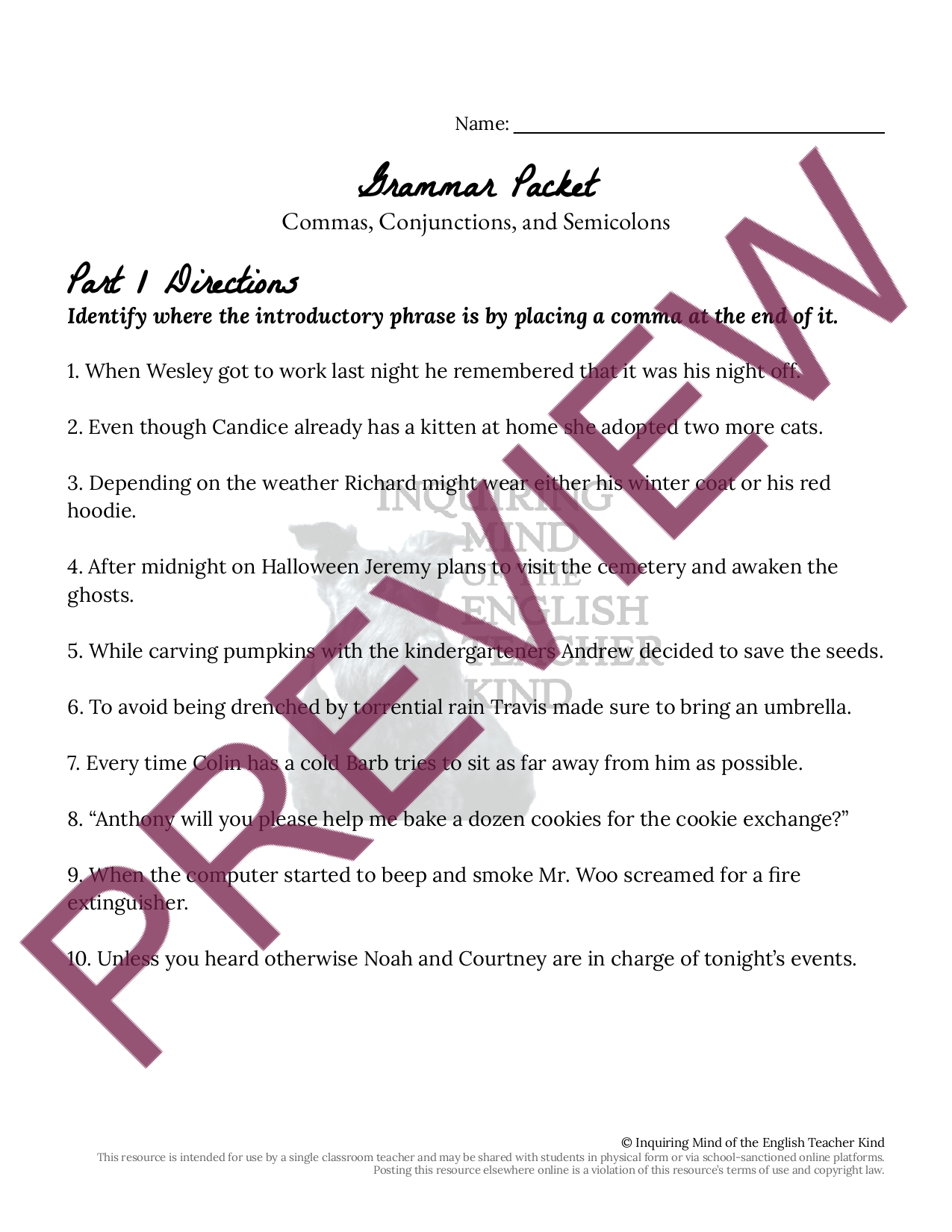 Grammar Worksheet on Commas, Semicolons, and Conjunctions | Teaching ...