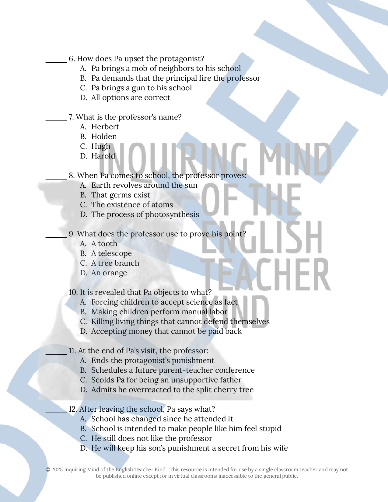 "The Split Cherry Tree" by Jesse Stuart Quiz and Answer Key (Short ...