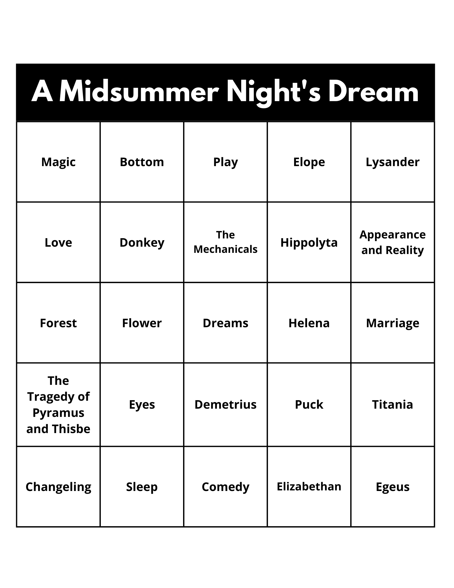 A Midsummer Night's Dream by William Shakespeare Bingo Interactive ...