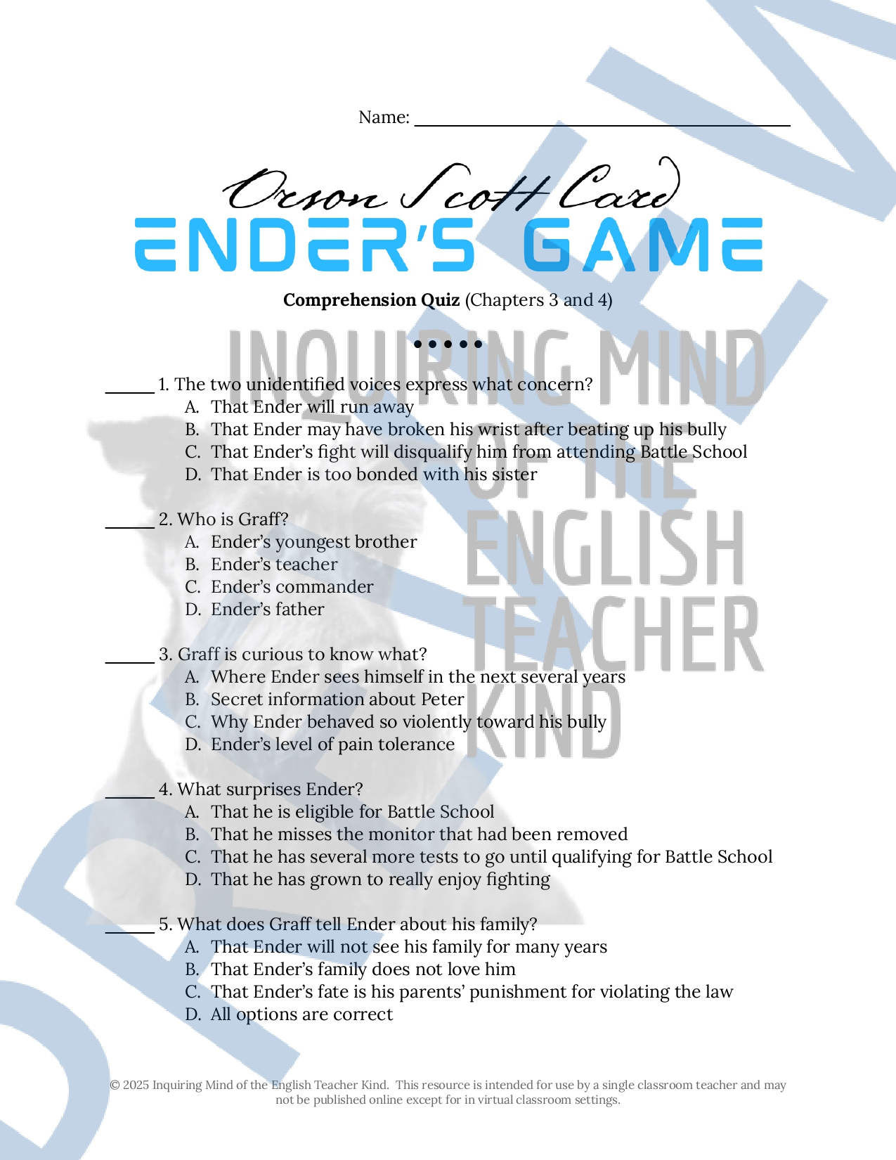 Ender's Game Chapters 3 and 4 Quiz and Answer Key | Teaching Resources