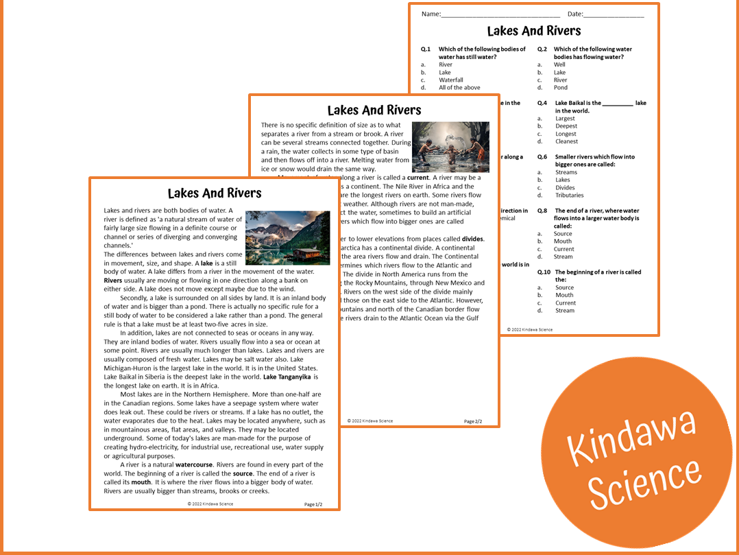 Lakes And Rivers Reading Comprehension Passage and Questions - PDF ...