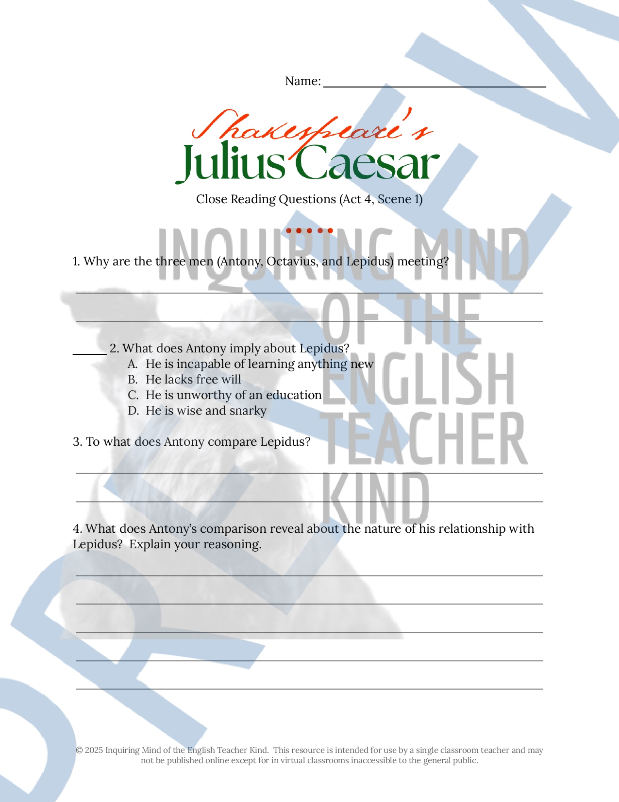 Julius Caesar Act 4 Scene 1 Close Reading Analysis Worksheet and Answer ...