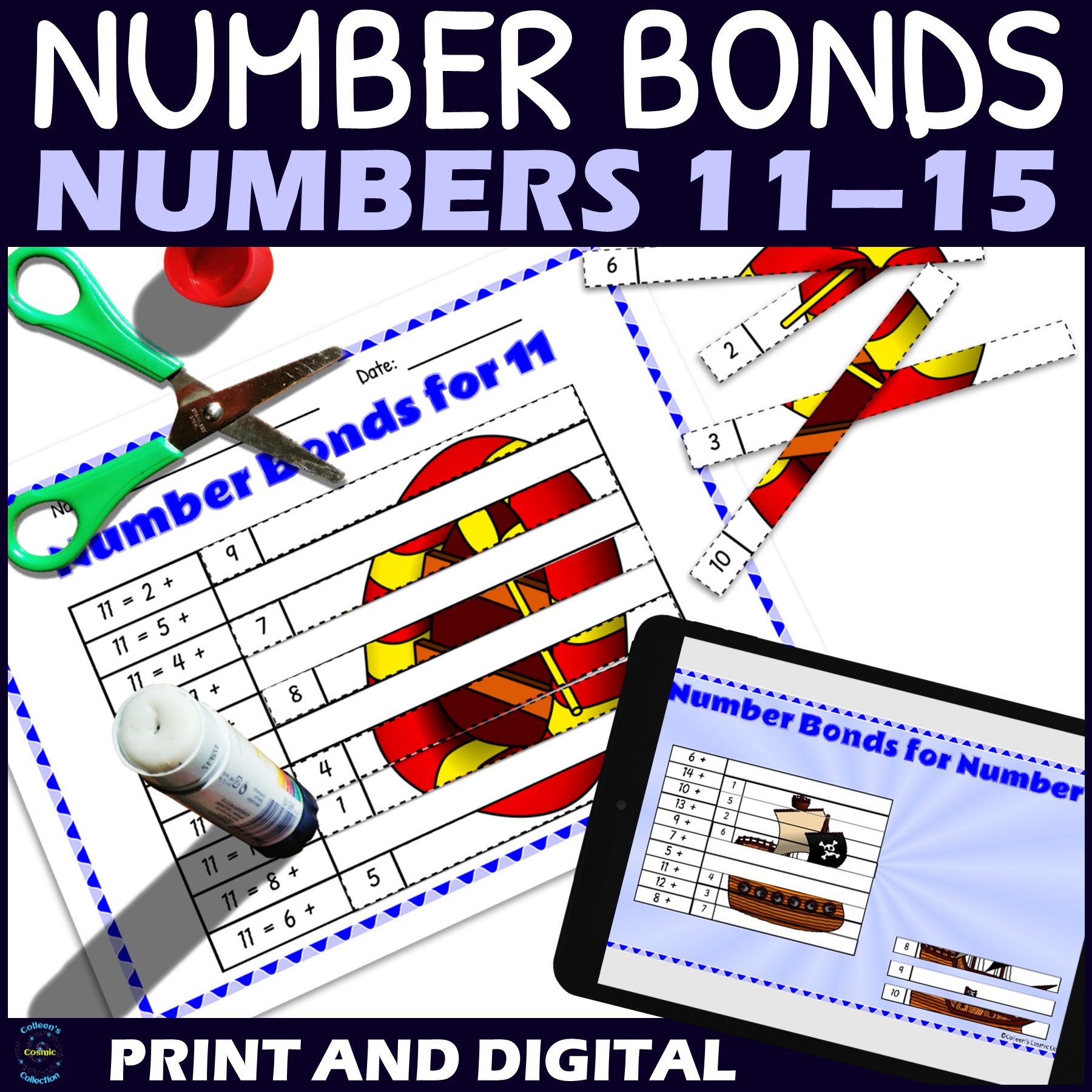 Number Bonds Self-Checking Cut and Paste Strip Puzzles for numbers 11 ...
