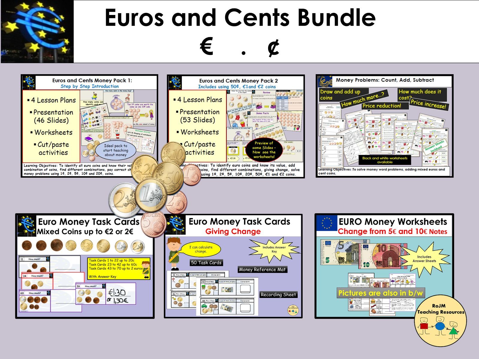 Euros and Cents Money Presentations Worksheets Activities Bundle ...