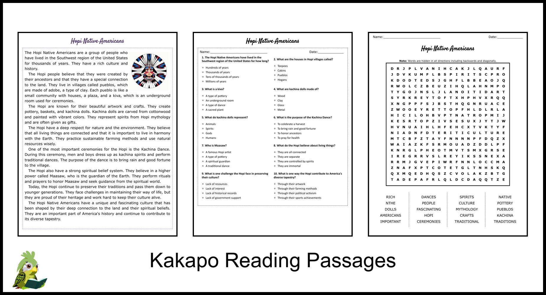 Hopi Native Americans Reading Comprehension and Word Search | Teaching ...
