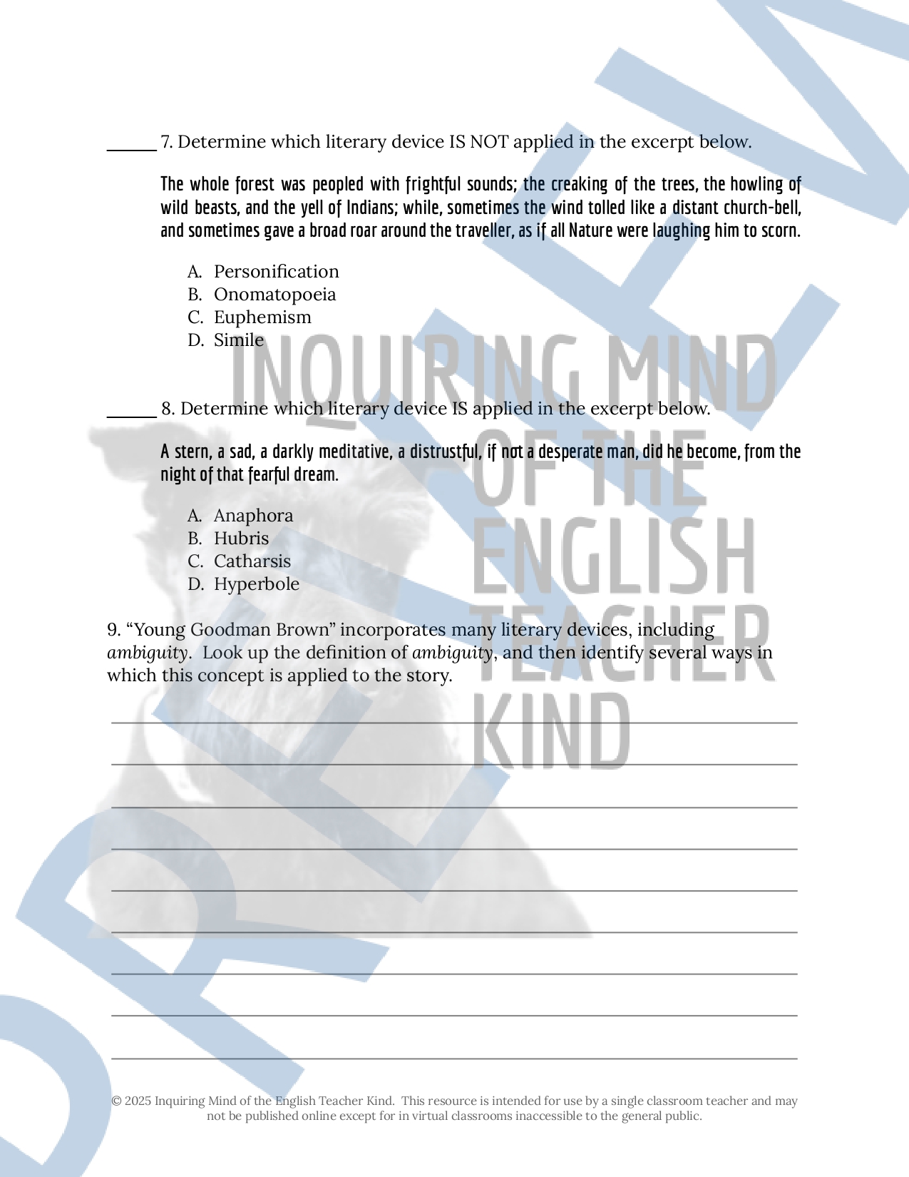 "Young Goodman Brown" by Nathaniel Hawthorne Close Reading Worksheet ...
