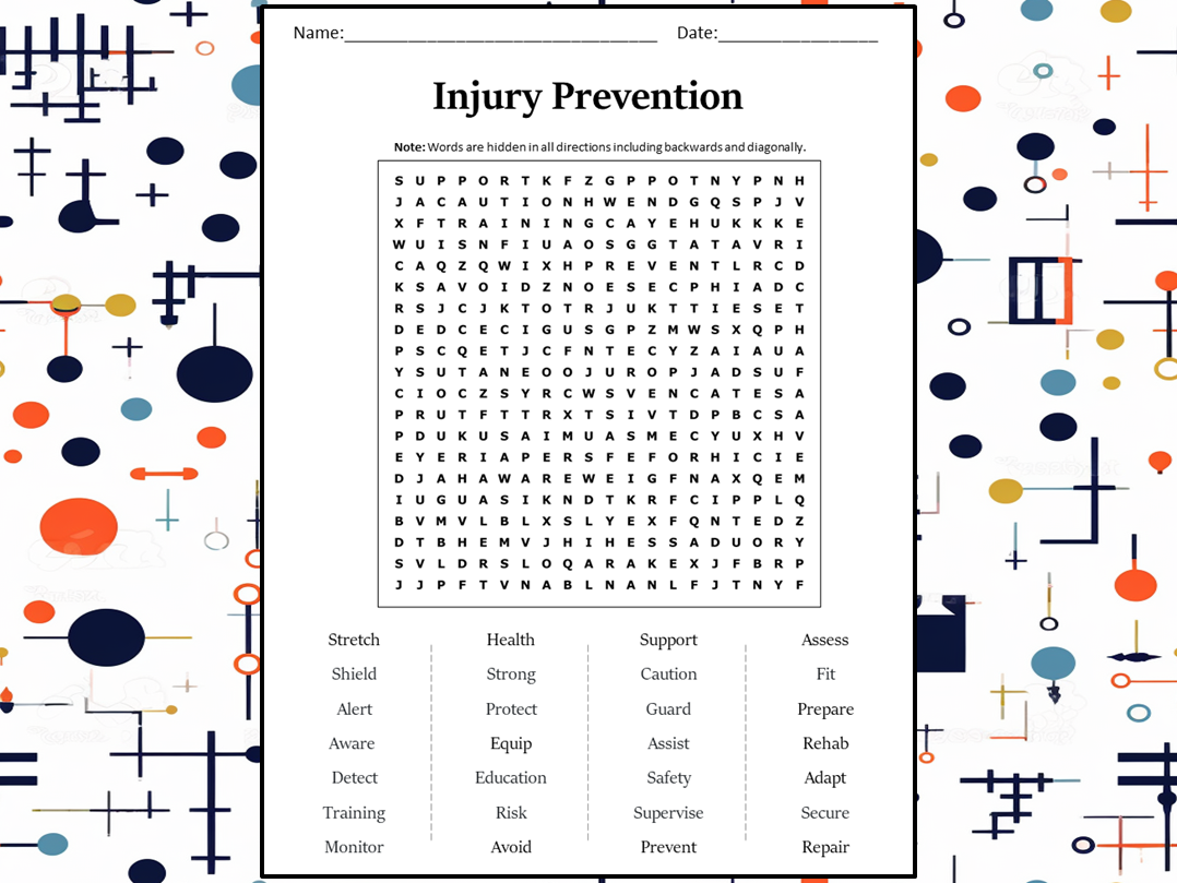 Injury Prevention Word Search Puzzle Worksheet Activity Teaching