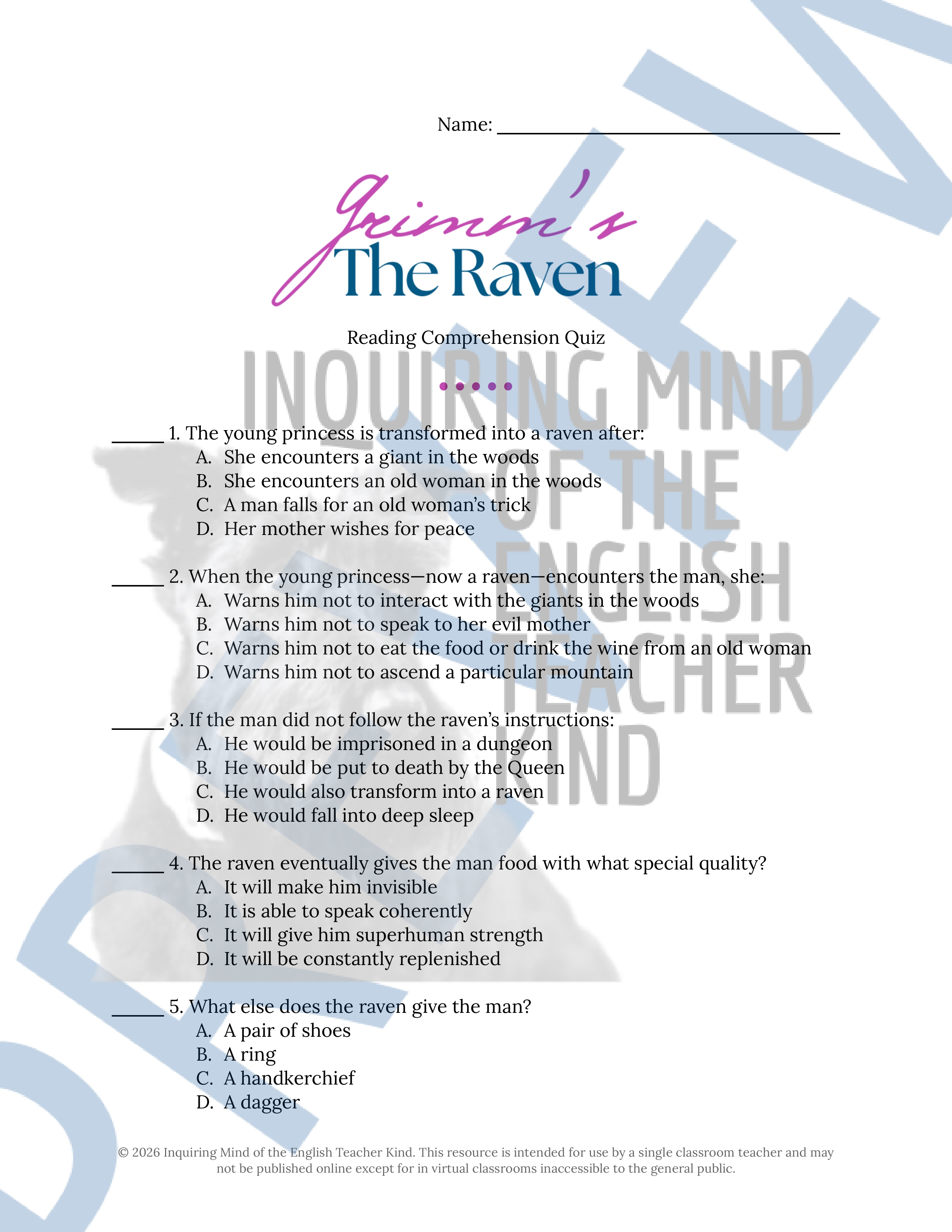 "The Raven" Quiz and Answer Key | Grimm's Fairy Tale | Reading ...