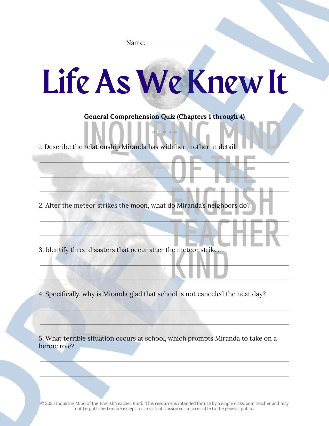 Life As We Knew It Chapters 1 through 4 Quiz and Answer Key | Teaching ...
