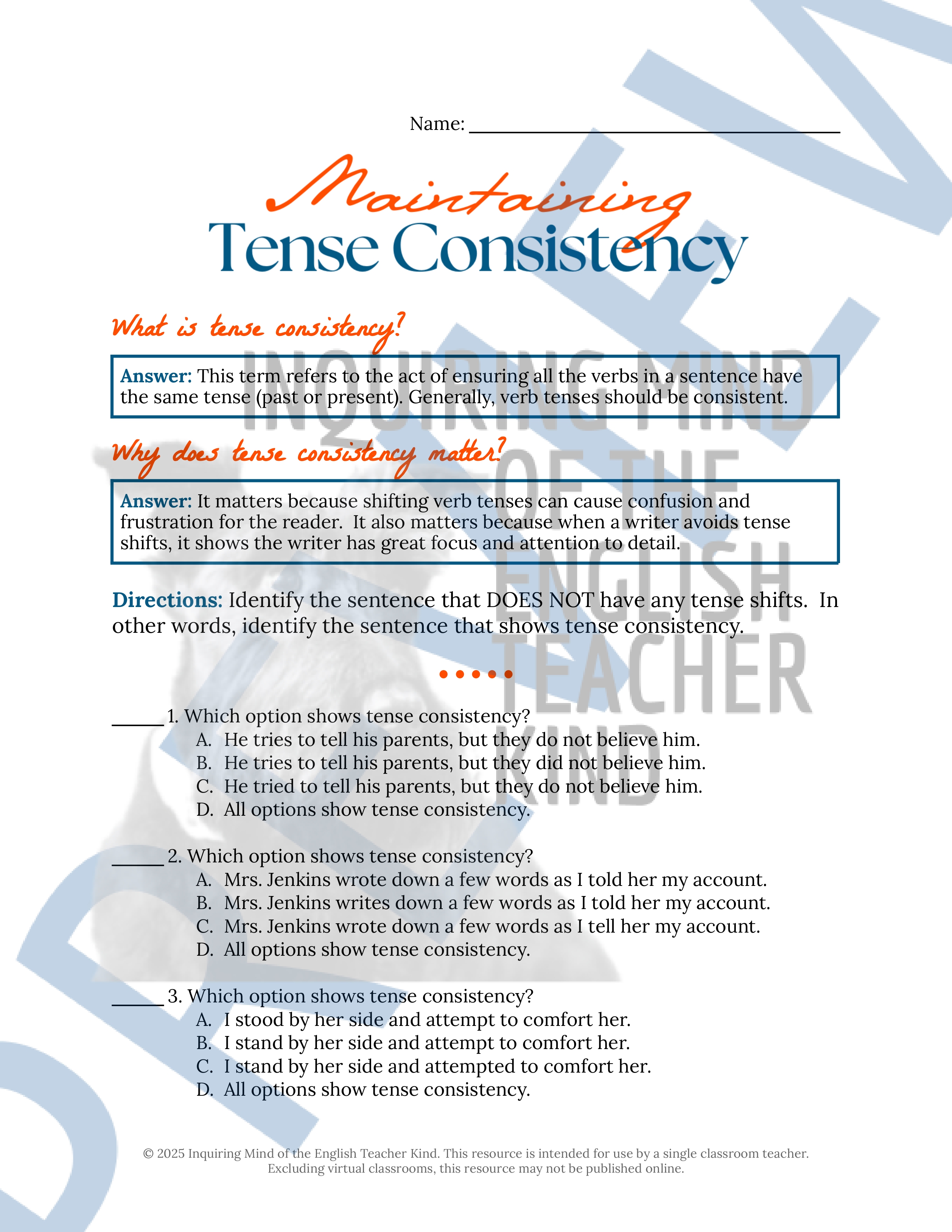 Grammar Practice Worksheet on Resolving Verb Tense Shifts with Answer ...