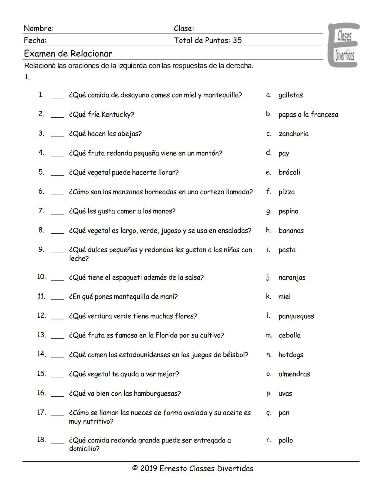 Food Items Spanish Matching Exam Teaching Resources