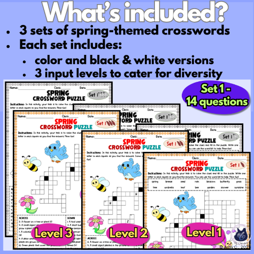 Spring Season Differentiated Colour / B&W Crossword Printables with ...
